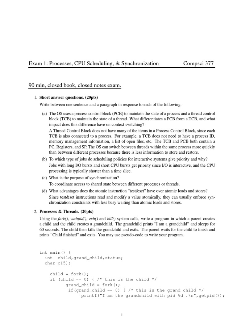 Exam 1 Processes Cpu Scheduling And Synchronization Pdf Thread Computing Scheduling