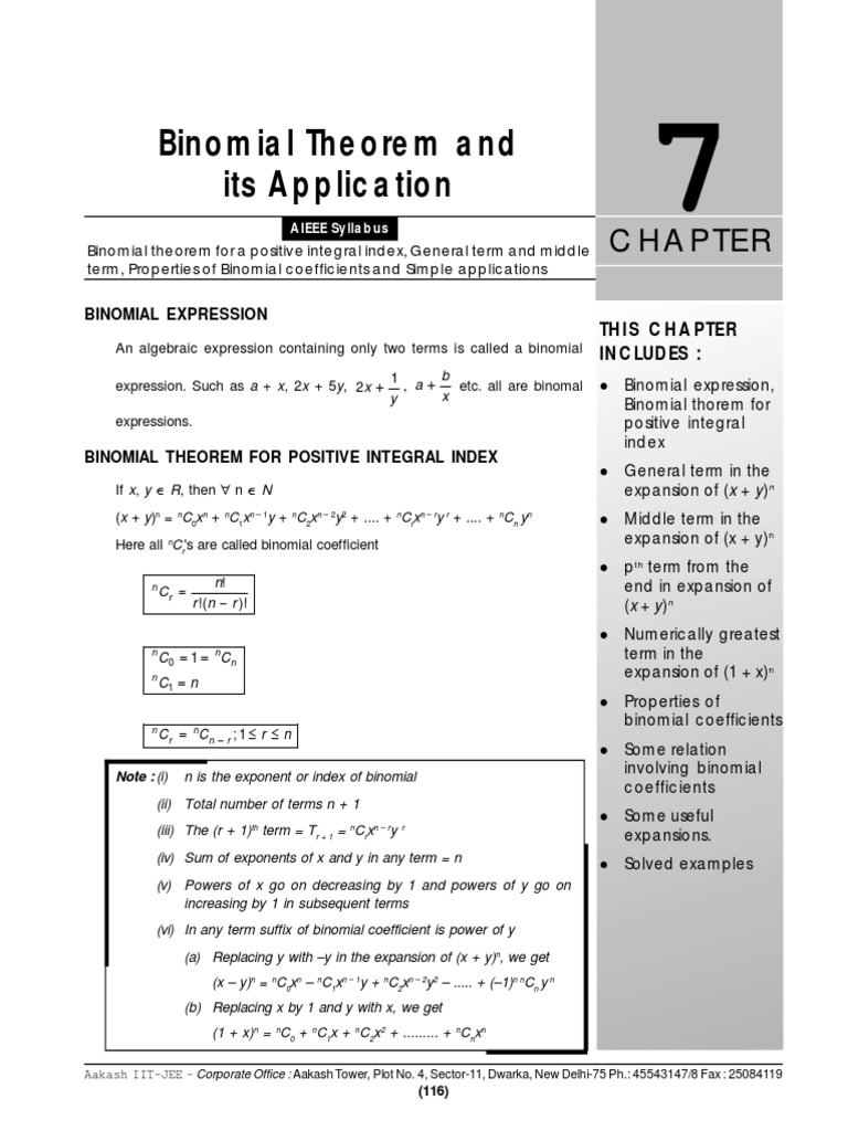 Aakash - Binomial Theorem and Its Application | PDF | Combinatorics | Mathematical Concepts