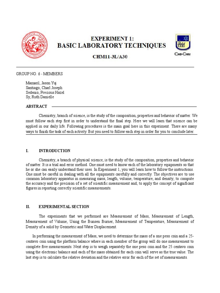 Experiment #1 - Basic Laboratory Techniques | PDF | Density | Volume