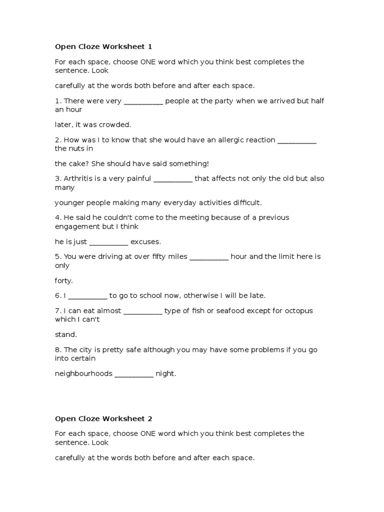 Open Cloze Worksheet B1 | PDF