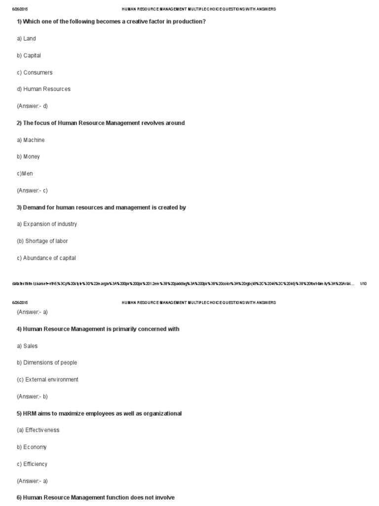 Human Resource Management Multiple Choice Questions With Answers | PDF ...