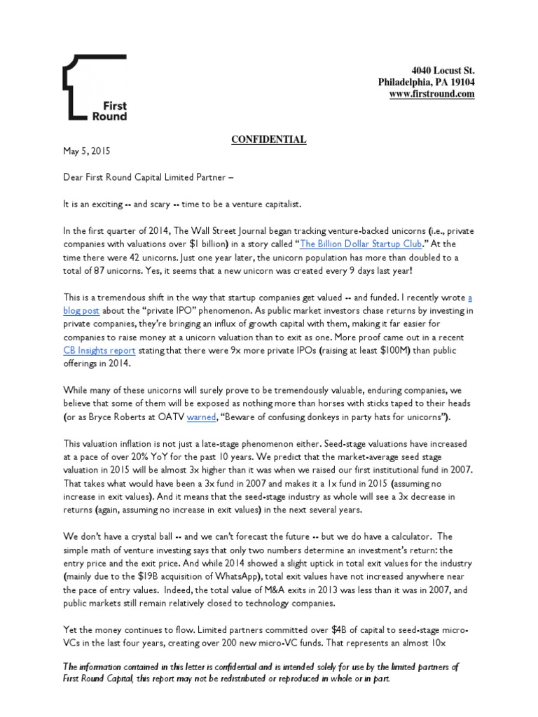 First Round 2015 Q1 LP Letter | PDF | Venture Capital | Corporate Finance