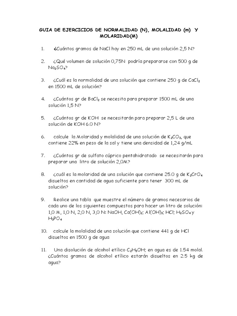 Guia de Ejercicios de Normalidad | PDF | Mole (Unidad) | Elementos químicos