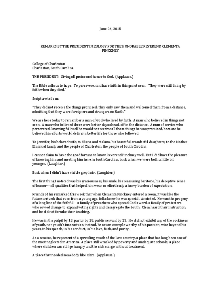 Remarks By The President In Eulogy For The Honorable Reverend Clementa ...