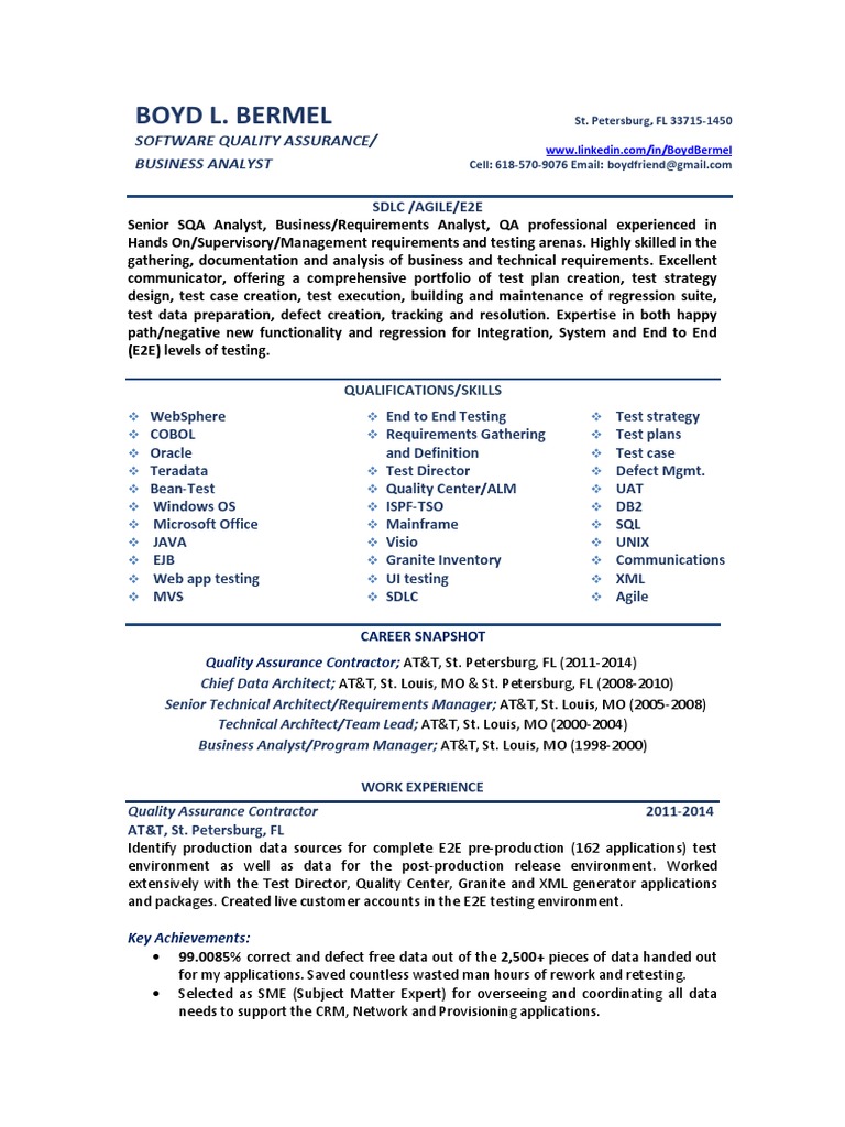 Senior SQA Analyst QA in Tampa ST Petersburg Florida Resume Boyd Bermel ...