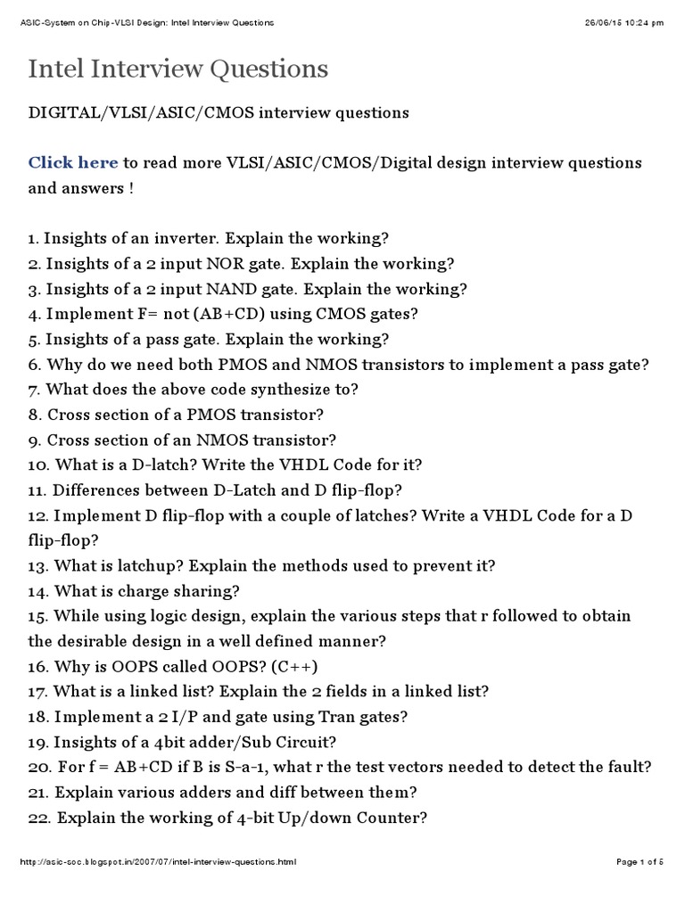 ASIC-System On Chip-VLSI Design: Intel Interview Questions | PDF | Cmos | Vhdl