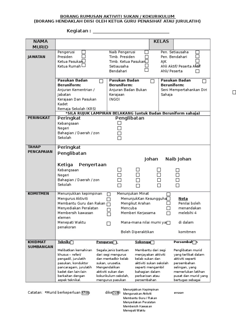 Borang Rumusan Aktiviti Sukan | PDF