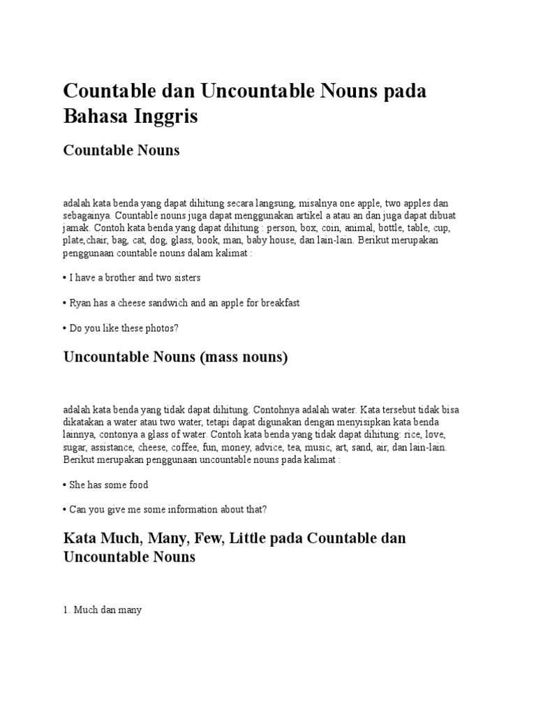 Countable Dan Uncountable Nouns Pada Bahasa Inggris | PDF | Kata Benda ...