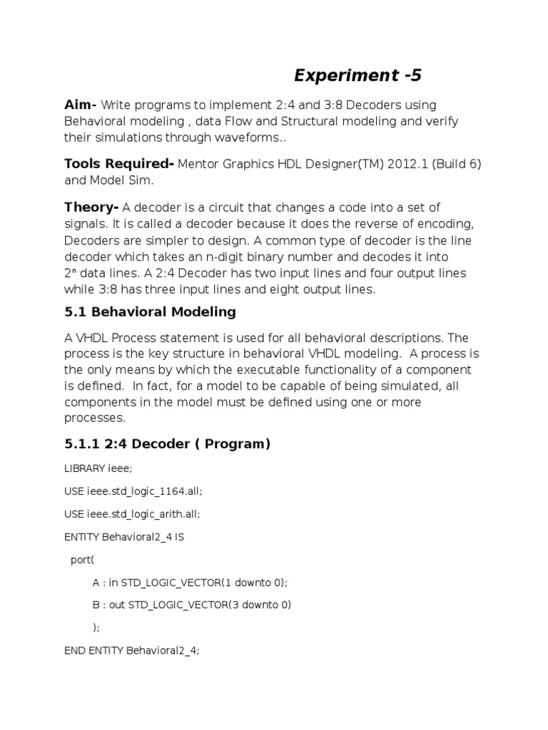 Experiment 5 Write Programs To Implement 24 And 38 Decoders Using Pdf Vhdl Computer 