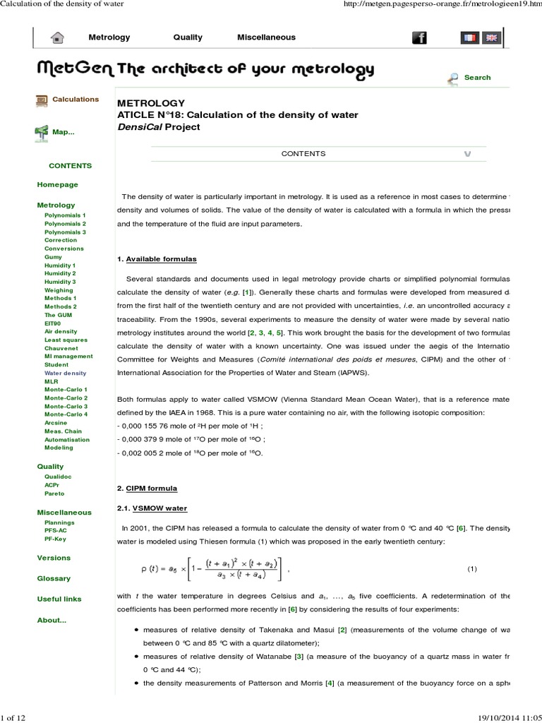 Water Density Calculation Methods | PDF | Metrology | Density