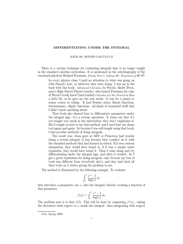 A Forgotten Technique: Differentiating Under the Integral Sign | PDF ...