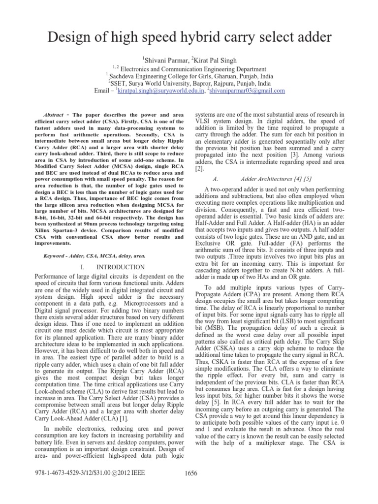 Design of High Speed Hybrid Carry Select Adder | PDF | Central Processing Unit | Electrical ...