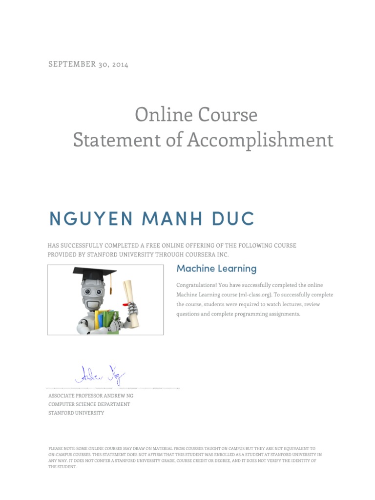 Online Course Statement of Accomplishment: Nguyen Manh Duc | PDF ...