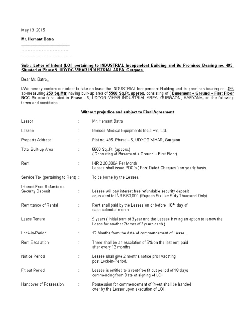 Draft of Loi - Pace City II | Lease | Land Law