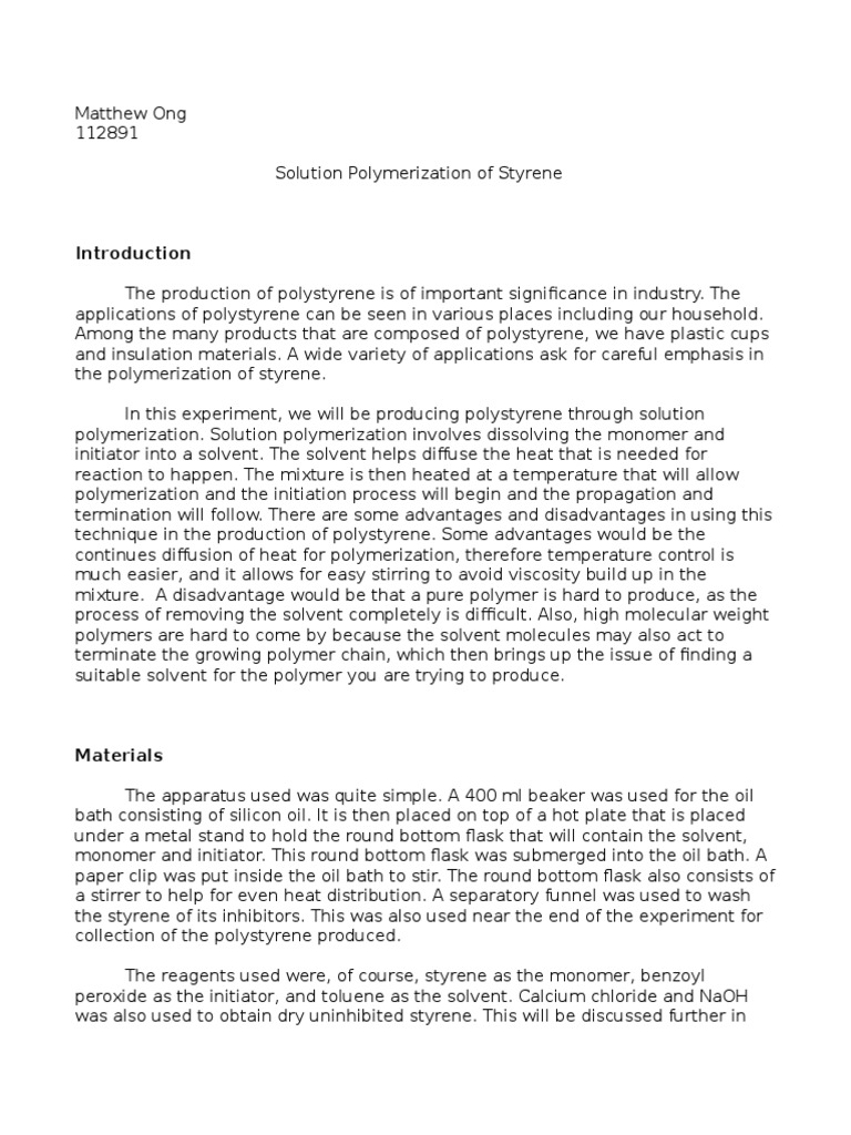 Solution Polymerisation of Styrene | PDF | Polymerization | Polystyrene