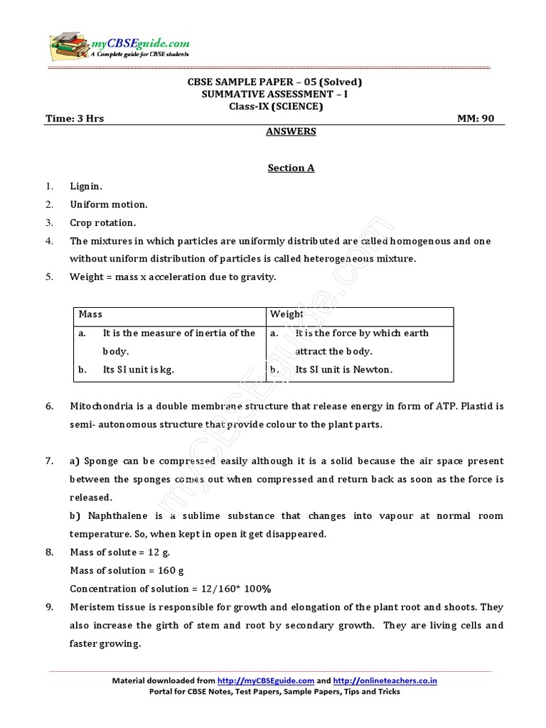 Cbse Sample Paper - 05 (Solved) Summative Assessment - I Class-IX (SCIENCE) Time: 3 Hrs MM: 90 ...