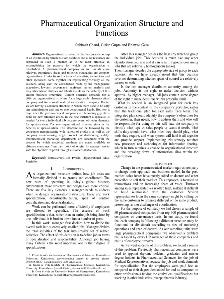 Pharmaceutical Organisation Sructure and Functions Acc | PDF ...