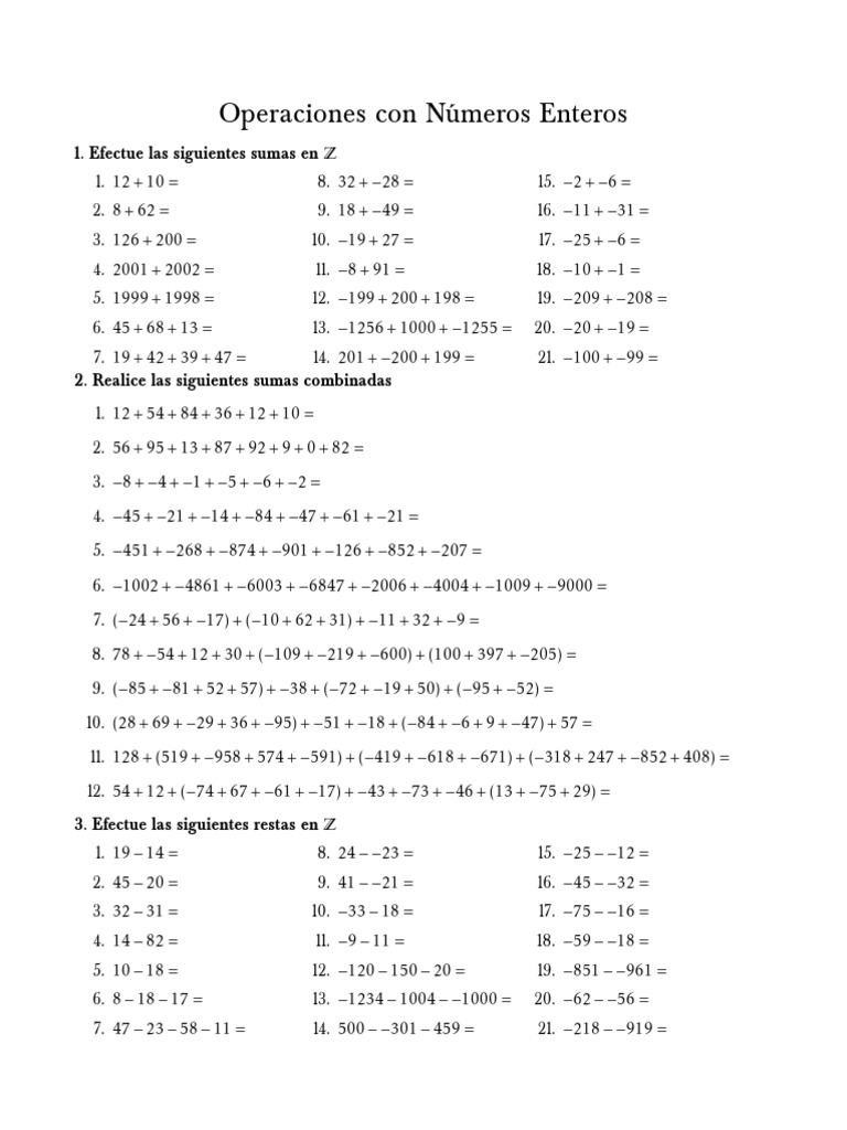 Práctica de Operaciones Con Enteros | PDF | Entero | Matemática Elemental