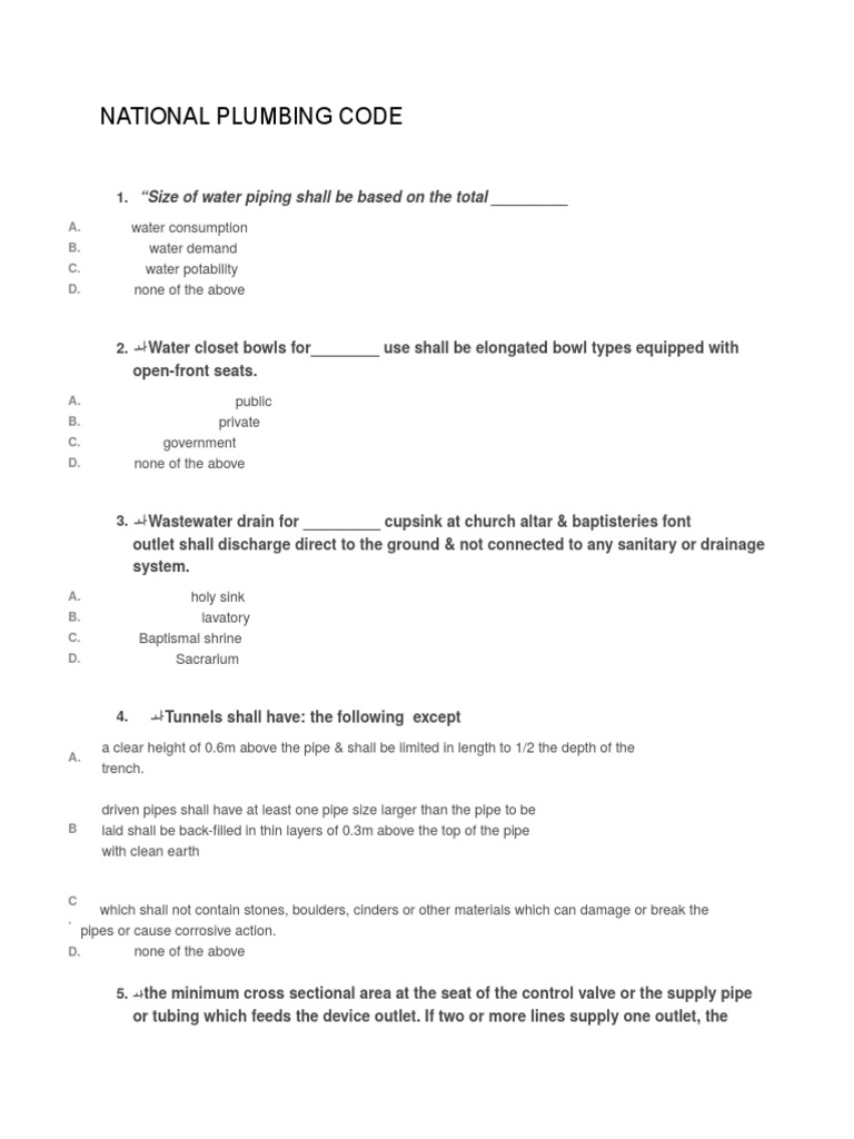 National Plumbing Code Quiz | Download Free PDF | Plumbing | Hydraulic ...