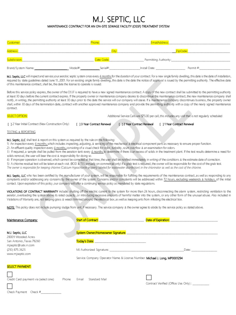 OSSF Maintenance Contract Agreement | PDF | Sewage Treatment | Water ...