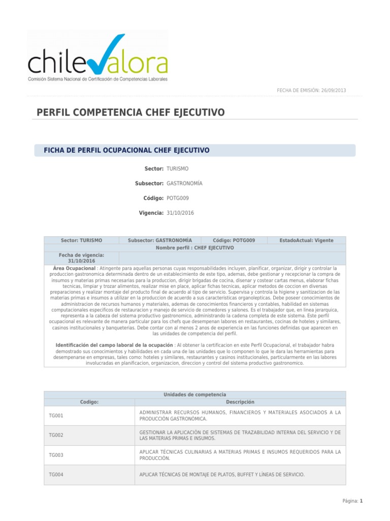 Perfil Competencia Chef Ejecutivo | PDF | Recursos humanos | Alimentos