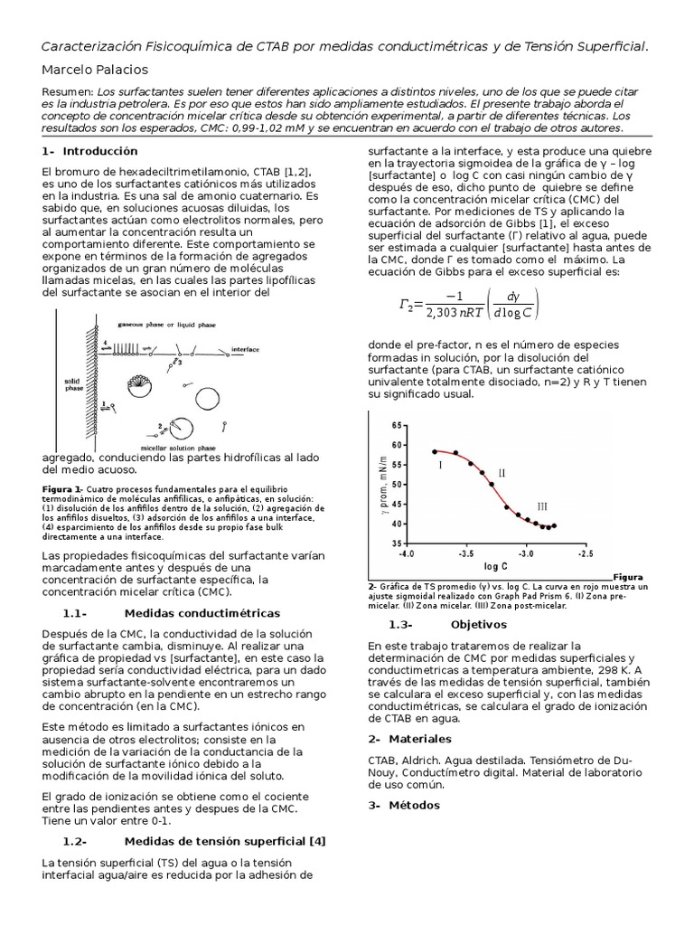 Cmc Y Propiedades De Ctab En Soluciones Pdf Tensioactivo