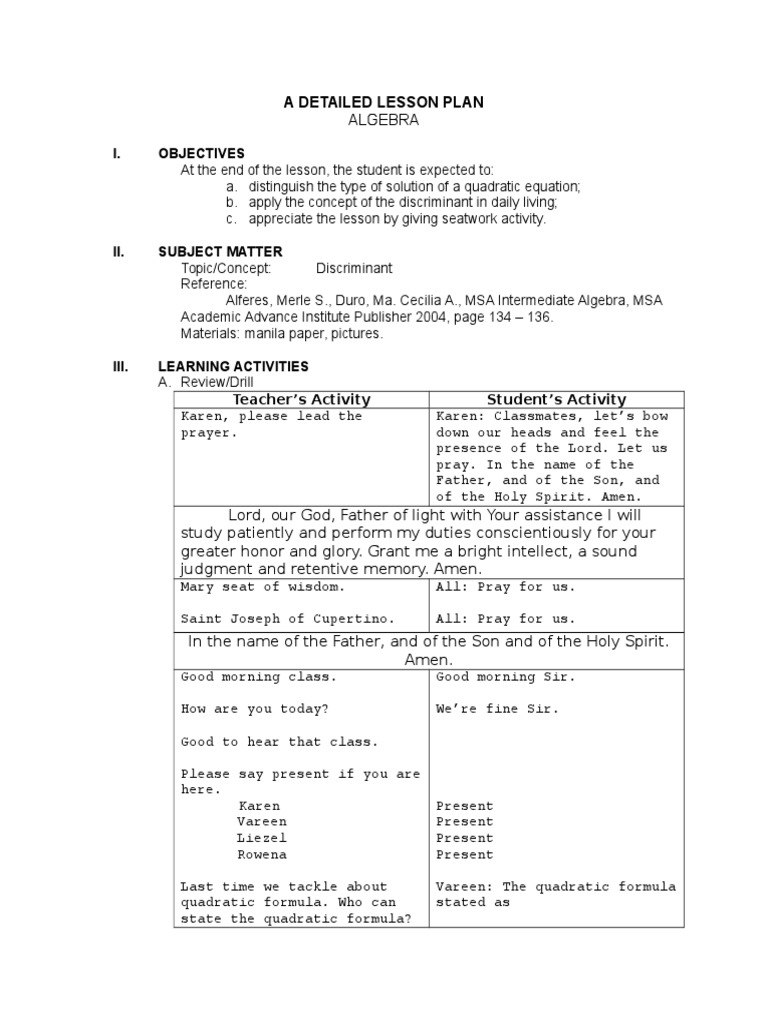 A Detailed Lesson Plan | PDF | Quadratic Equation | Equations