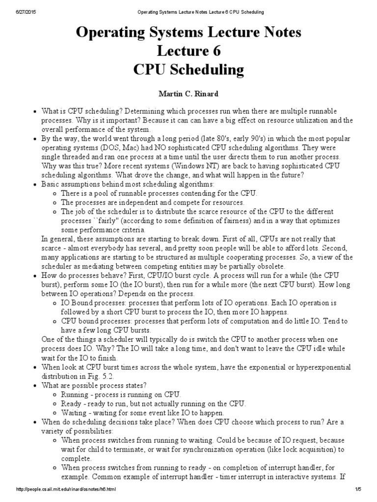 Operating Systems Lecture Notes Lecture 6 CPU Scheduling | PDF ...