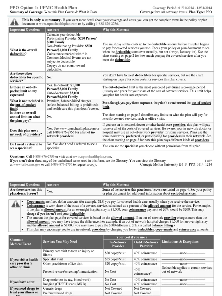 PPO Option 1: UPMC Health Plan: This Is Only A Summary | PDF ...