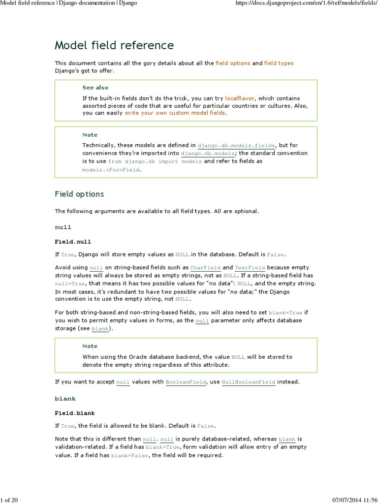 Model Field Reference Django Documentation Django | PDF | Database Index | Computer File