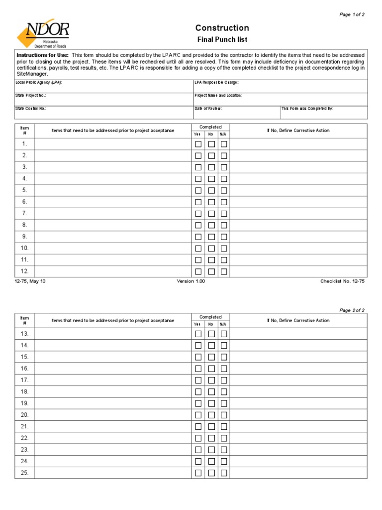 Final Construction Punch List and Closeout Documentation Review Form | PDF