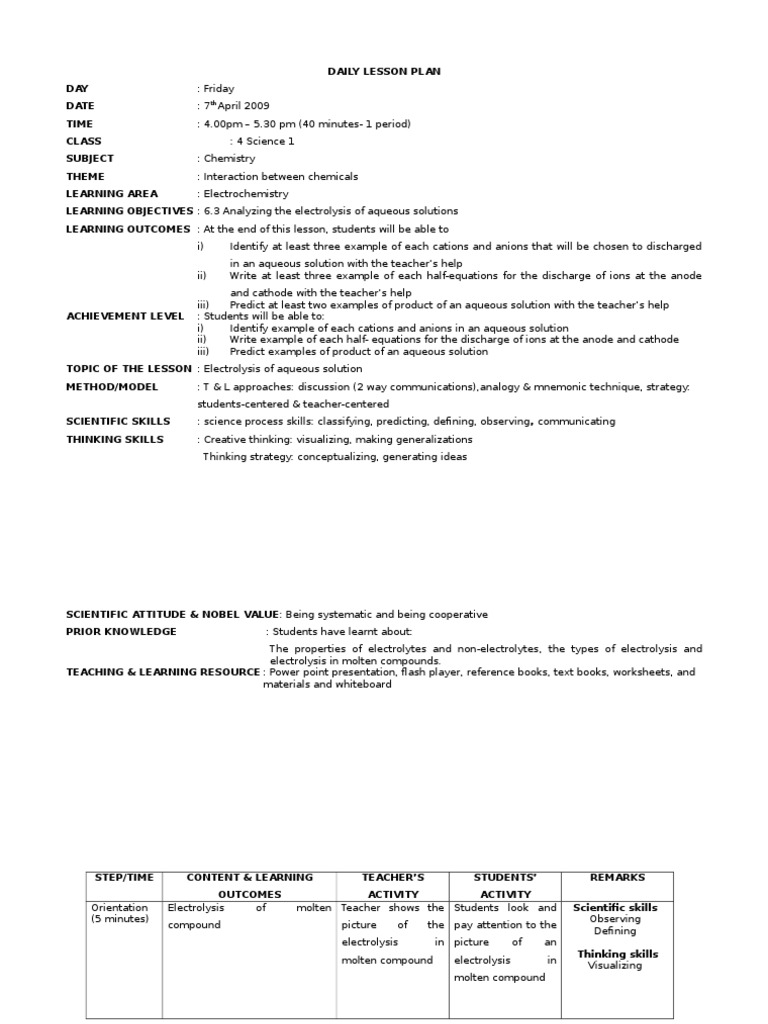 Daily Lesson Plan | Salt (Chemistry) | Electrochemistry