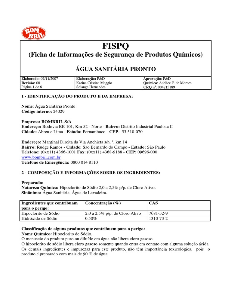 Fispq Agua Sanitaria Pronto 00 | PDF | Embalagem e rotulagem | Cloro