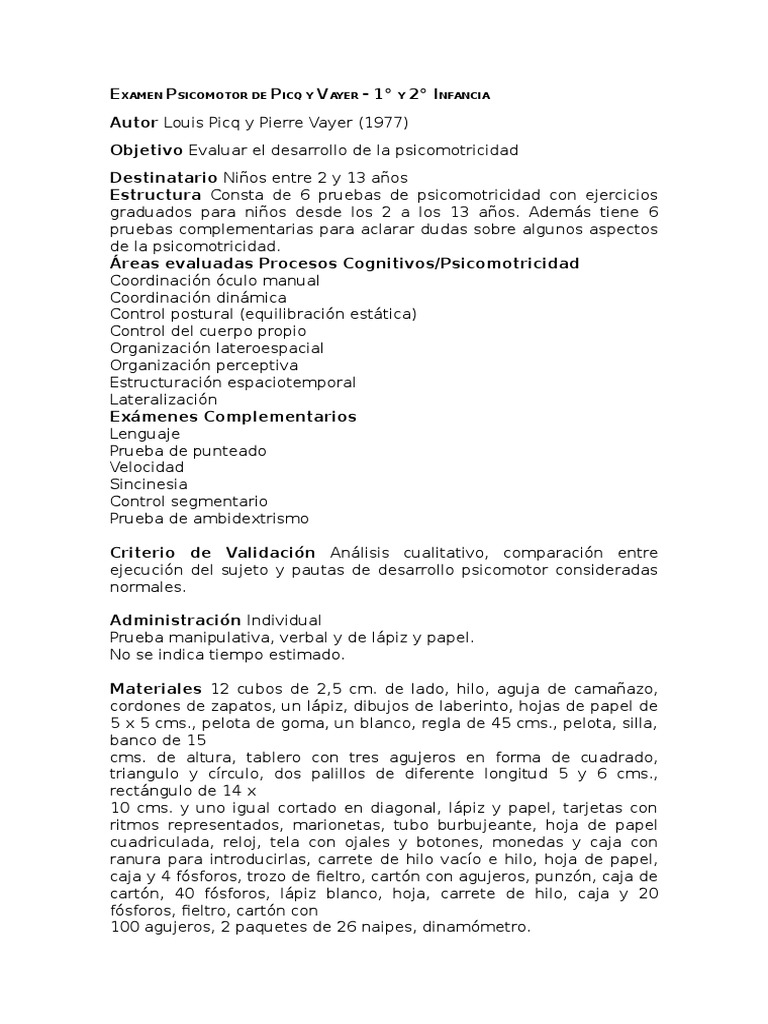 Examen Psicomotor de Picq y Vayer | PDF | Papel | Sicología