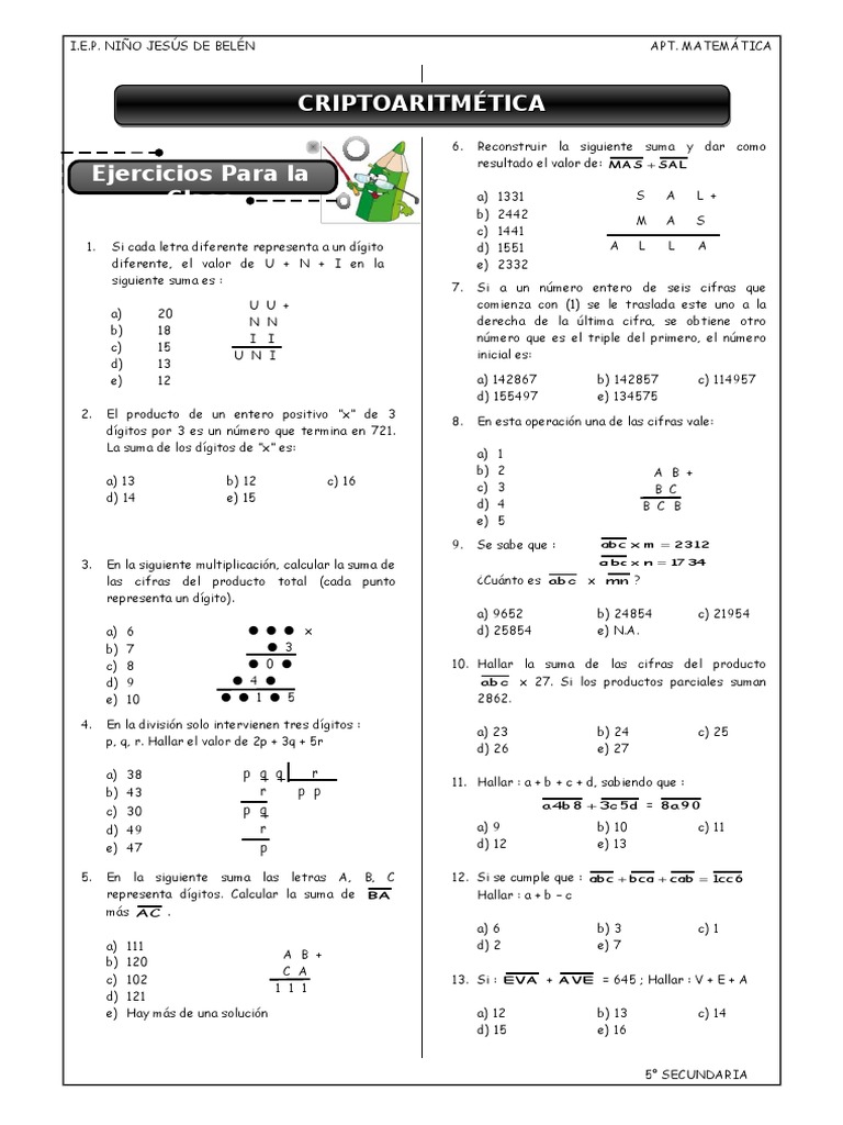Criptoaritmética Ejercicios Matemáticas | PDF | Multiplicación | Notación