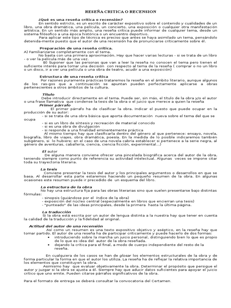 Reseña Critica o Recension | Autor | Libros
