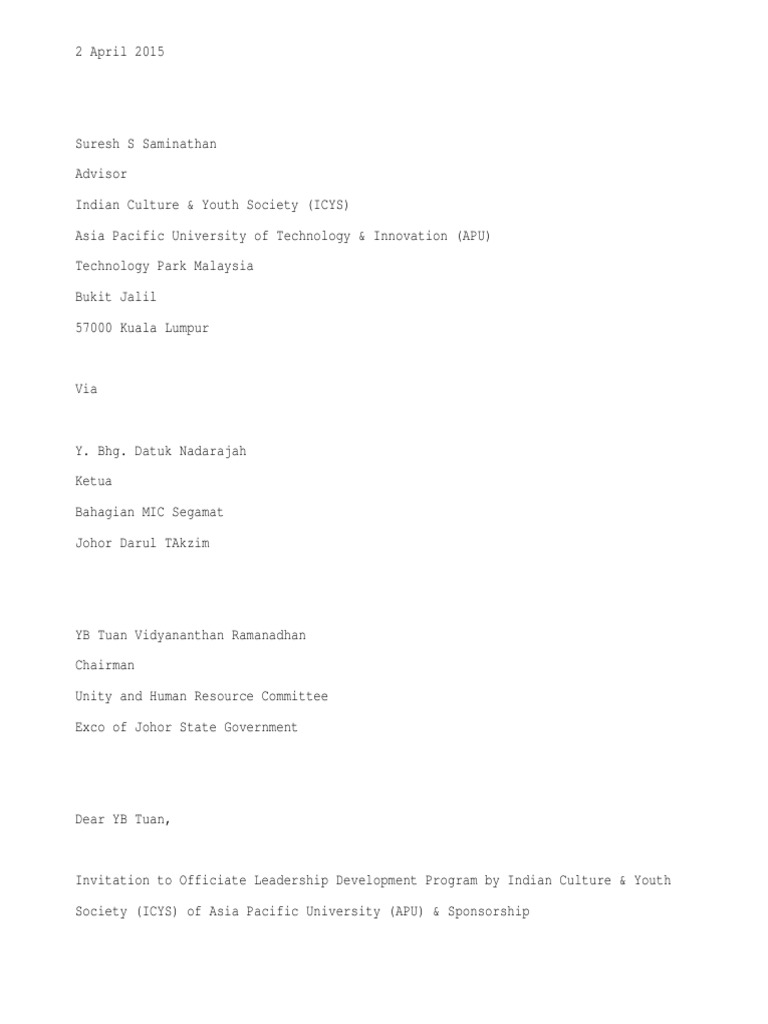 Letter To YB Tuan Vidyananthan Exco Johor | PDF | Malaysia | Further ...