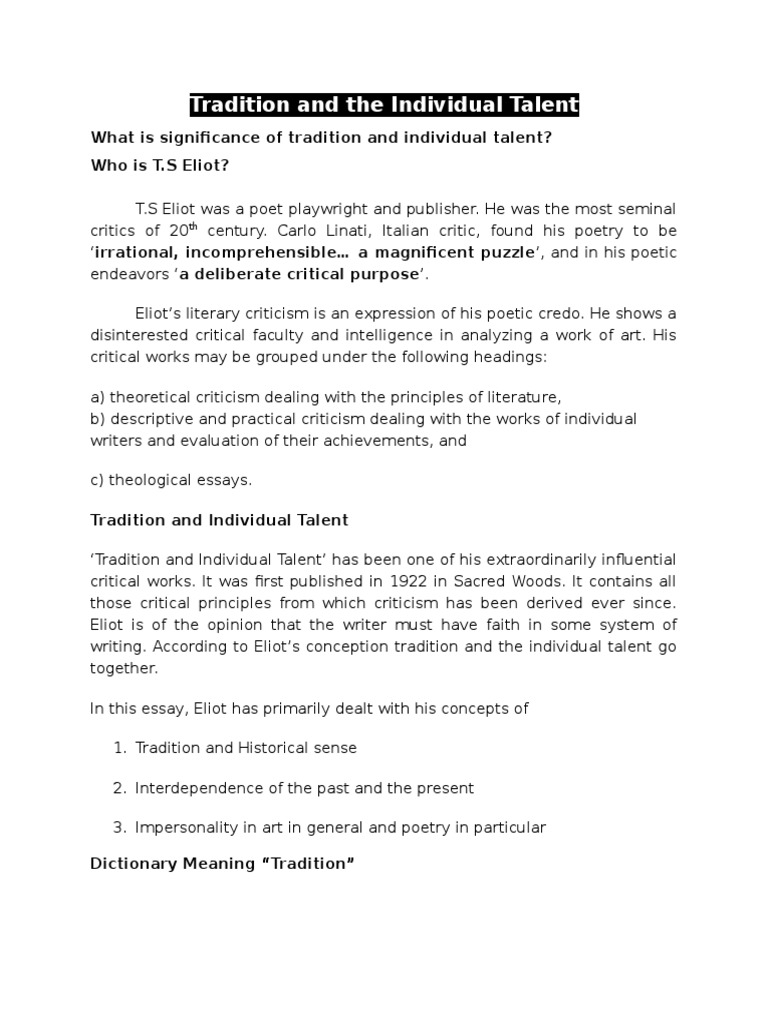 Tradition and The Individual Talent | PDF | T. S. Eliot | Traditions