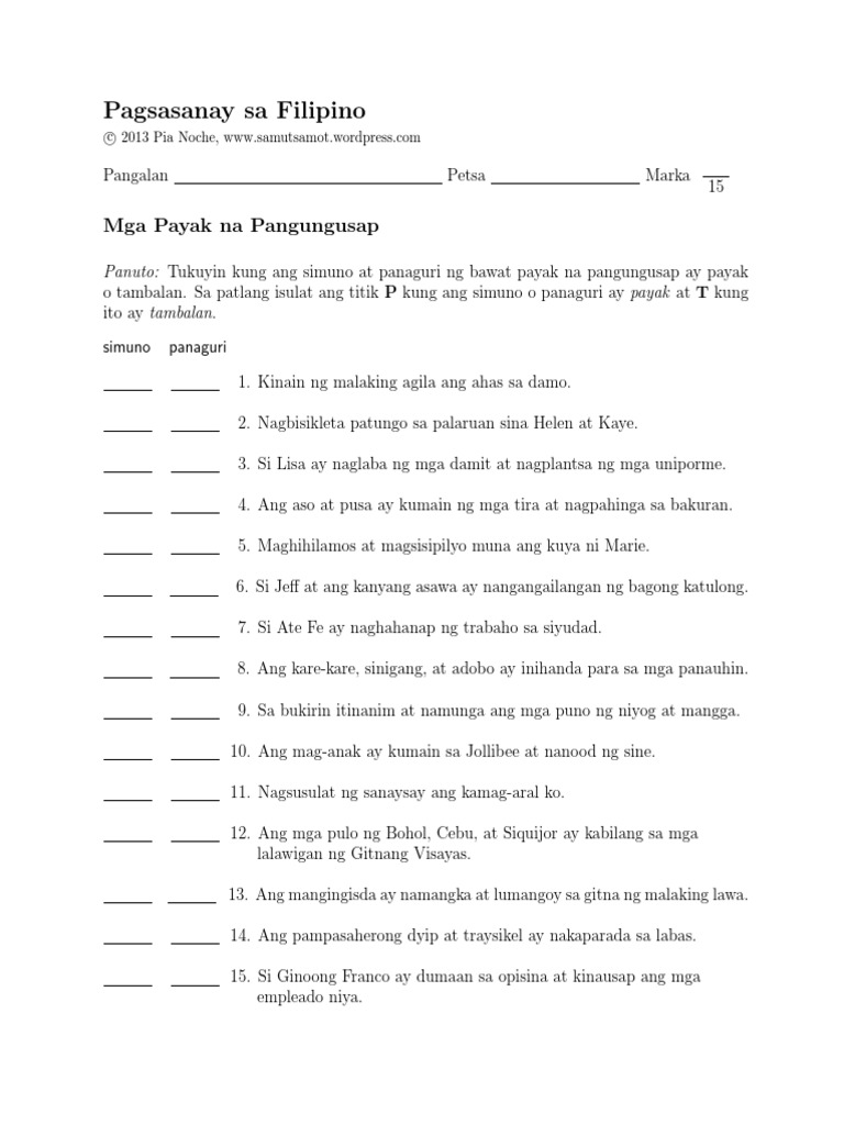 Mga Payak Na Pangungusap 1 | PDF