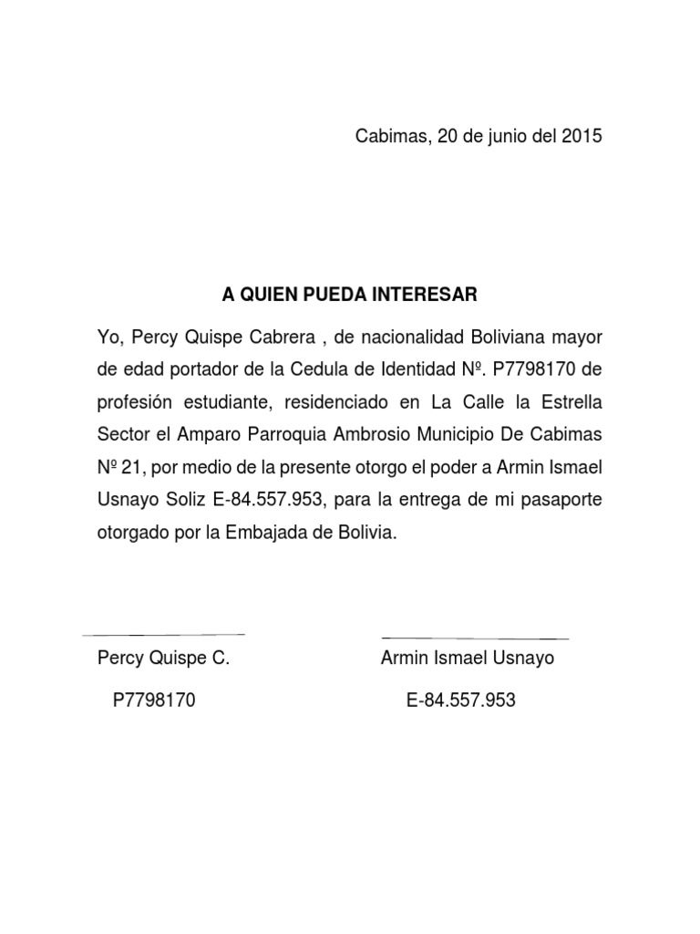 Carta de Poder y Pasaporte... | PDF