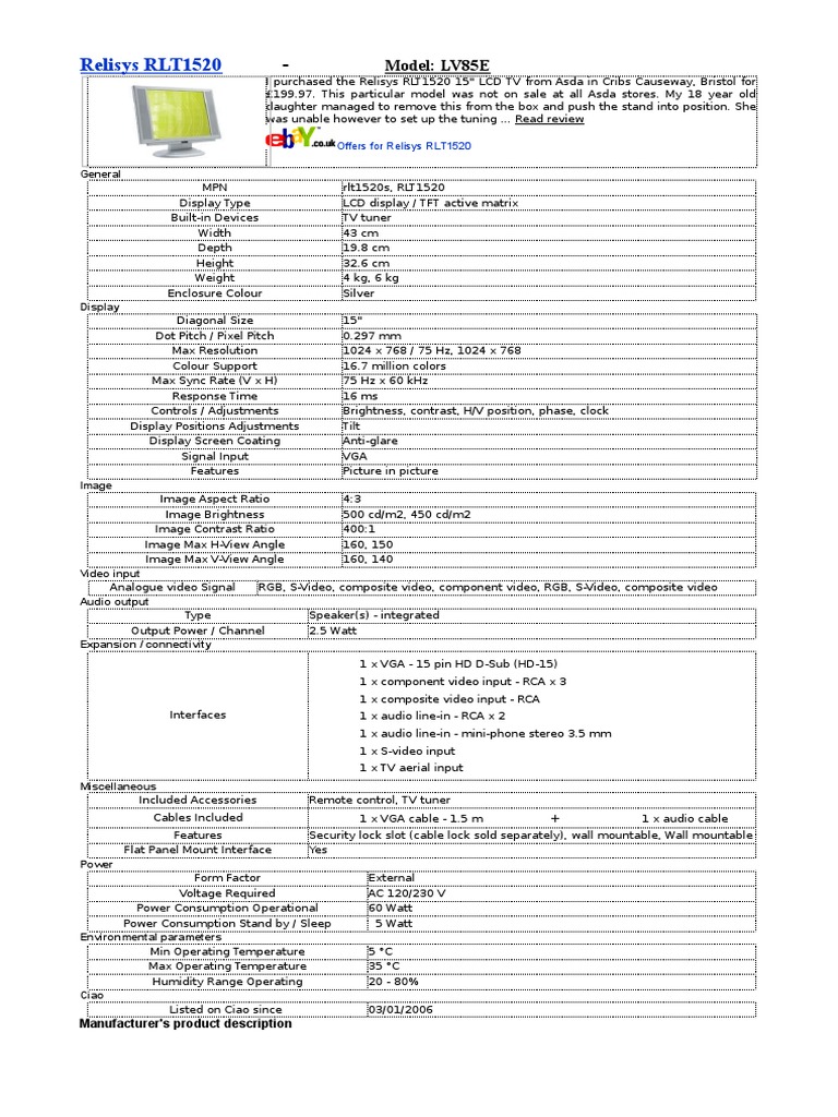 Relisys RLT1520-TV + Samsung SyncMaster 933HD LCD TV | PDF | Computer ...