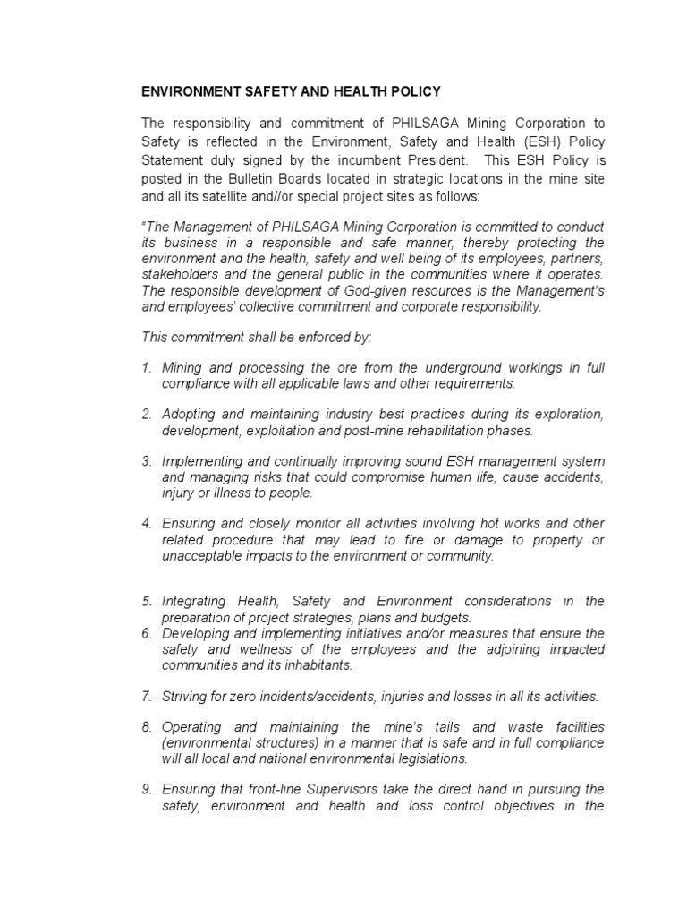 Environment Safety and Health Policy | Mining | Safety