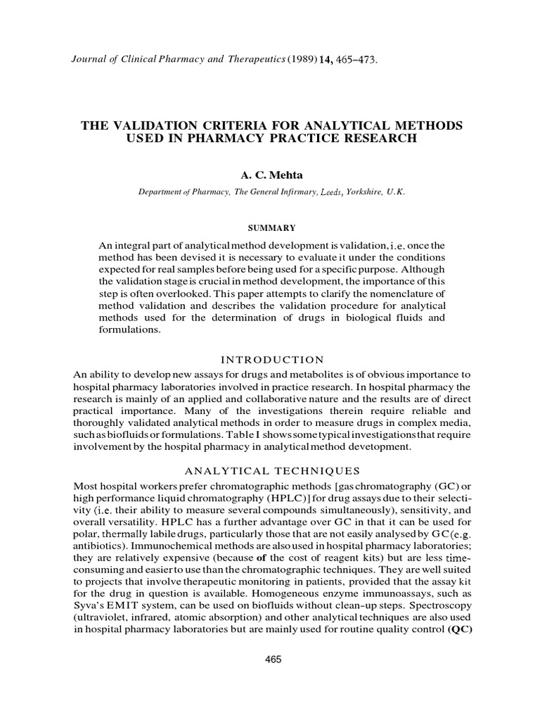 The Validation Criteria For Analytical Methods Used in Pharmacy ...