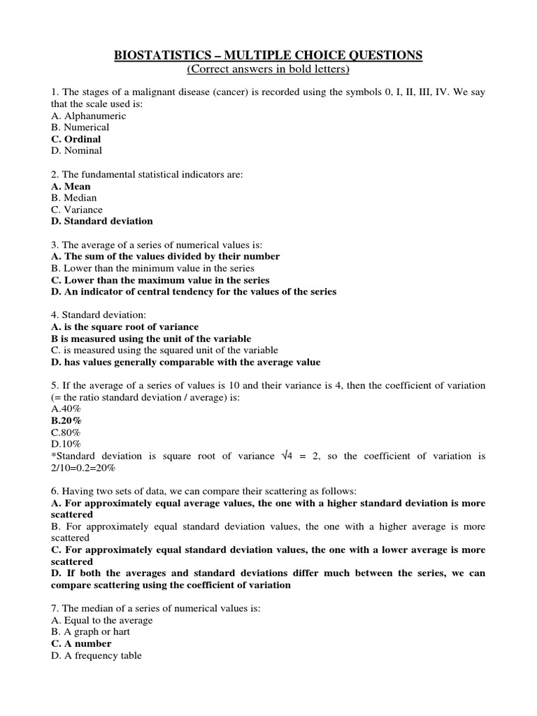 Biostatistics - Multiple Choice Questions | PDF | Sensitivity And Specificity | Correlation And ...