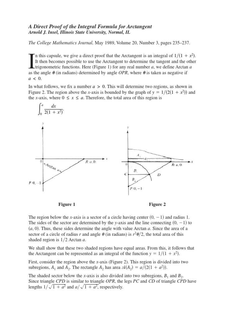 A Direct Proof Of The Integral Formula For Arctangent Trigonometric Functions Geometry