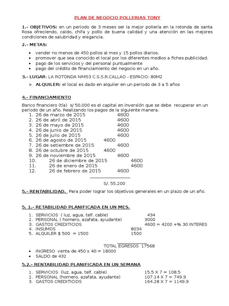 Plan de negocio pollería Tony | PDF | Economias | Business
