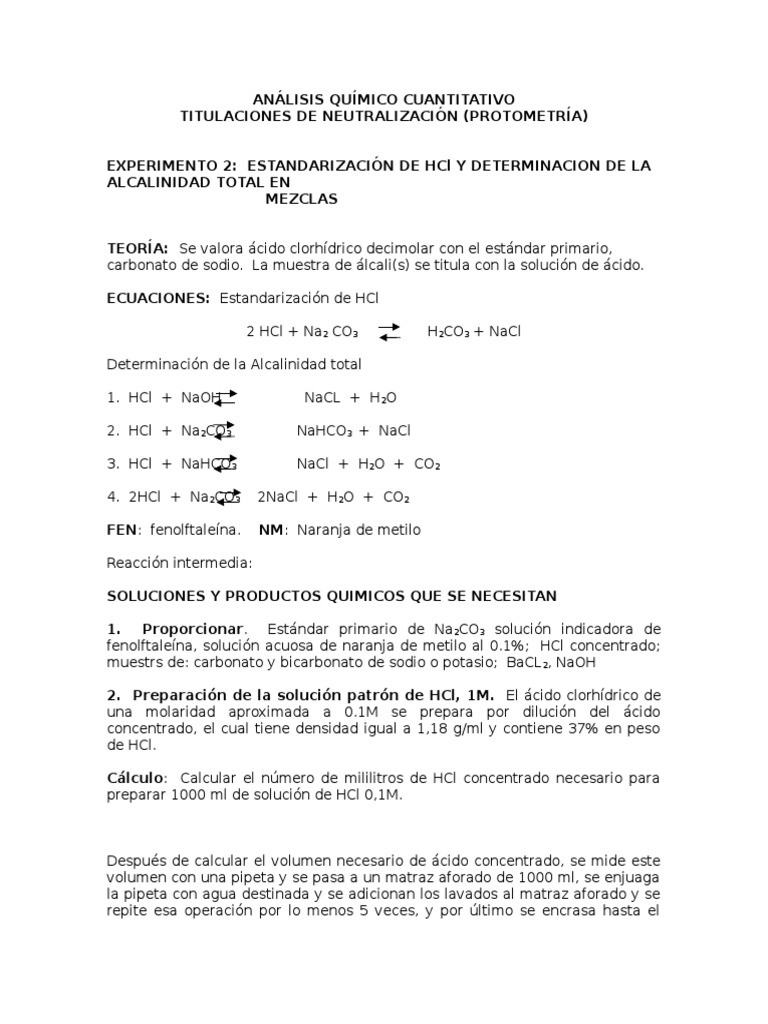 Estandarizacion de HCL y Alcalinidad Total en Mezclas | PDF | Ácido clorhídrico | Valoración