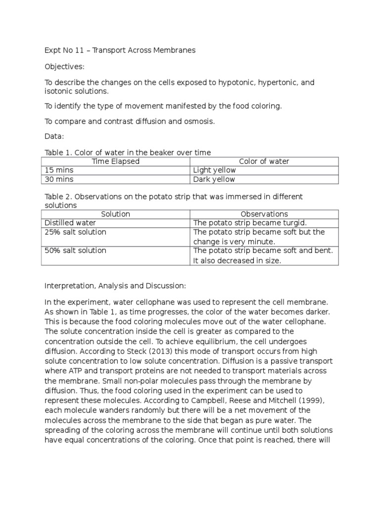 Laboratory Experiment No. 11 - Transport Across Membranes | PDF ...