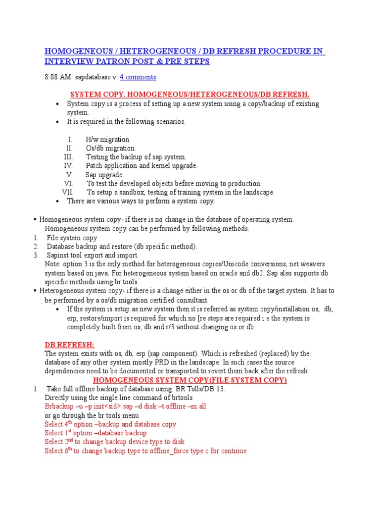 Homogeneous / Heterogeneous / DB Refresh Procedure in Interview Patron Post & Pre Steps | PDF ...