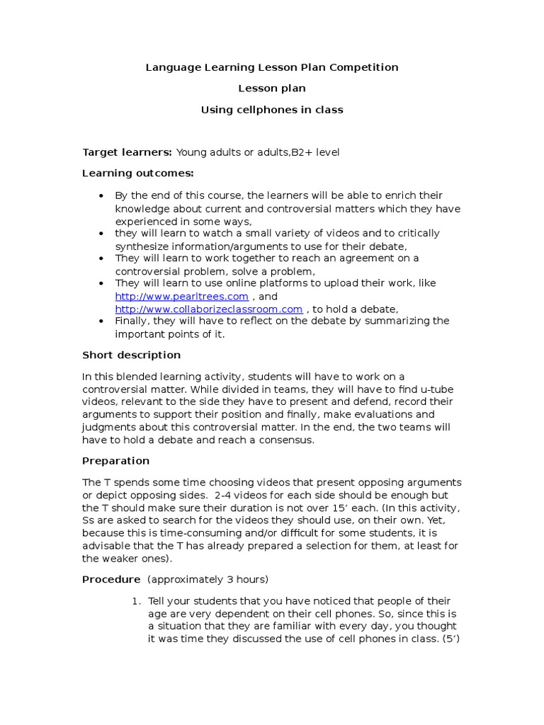 Lesson Plan: Using Cellphones in Class | PDF | Lesson Plan | Cognition